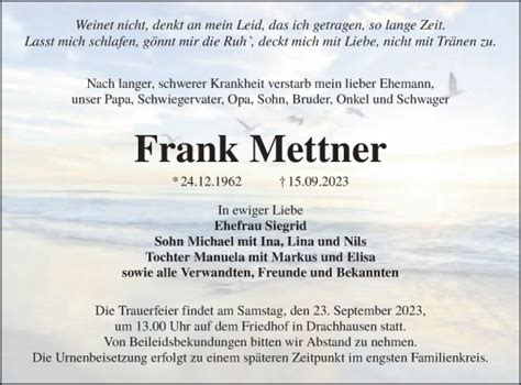 Traueranzeigen Von Frank Mettner Lr Online Trauer De