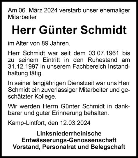 Traueranzeigen von Günter Schmidt Trauer in NRW de
