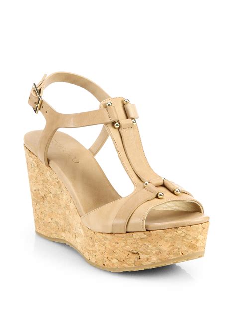 Jimmy Choo Pilar Leather Cork Wedge Sandals In Beige Nude Lyst