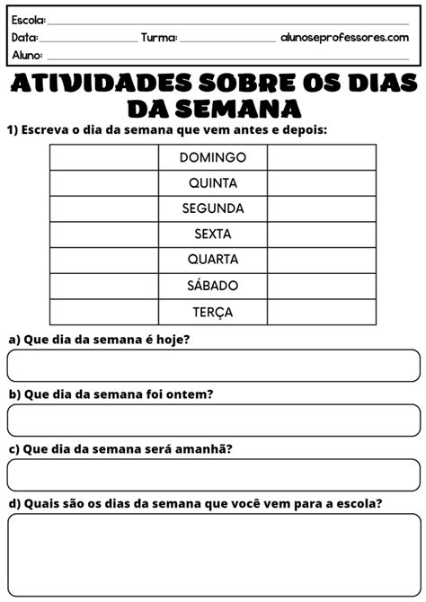 Atividades Sobre Os Dias Da Semana Activities Gloria Aba