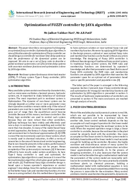 pdf optimization of fuzzy controller by jaya algorithm irjet journal