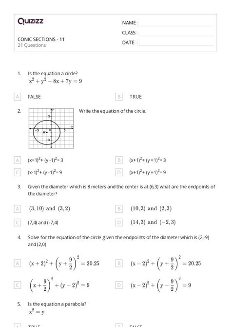 Conic Sections Worksheets For Th Class On Quizizz Free Printable