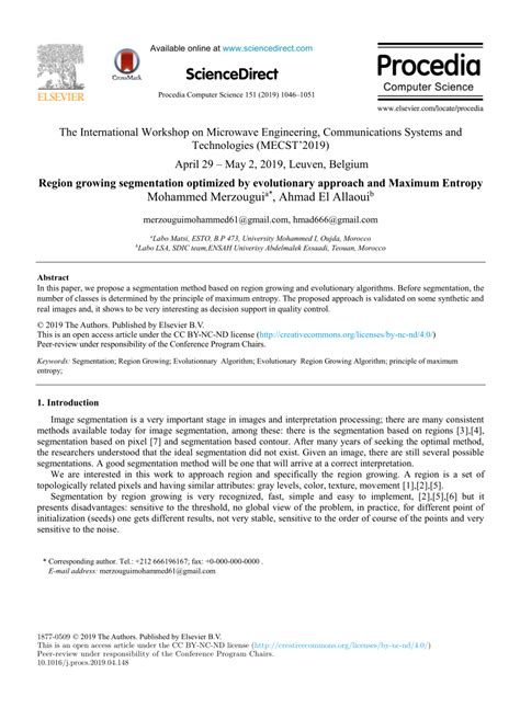 pdf region growing segmentation optimized by evolutionary approach and maximum entropy