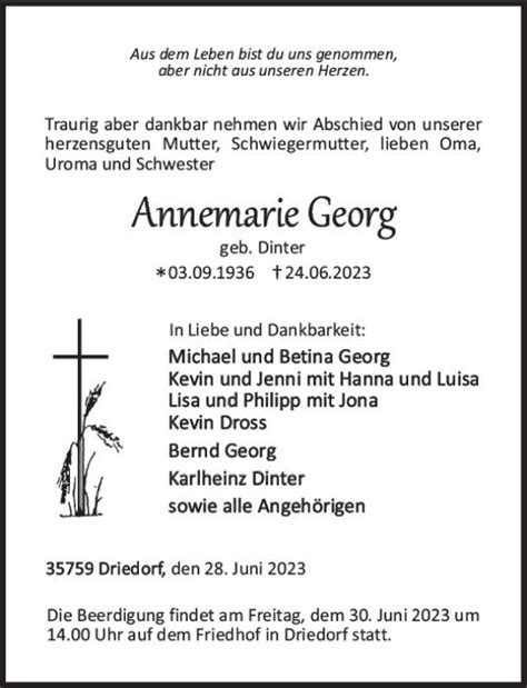 Traueranzeigen Von Annemarie Georg Vrm Trauer De