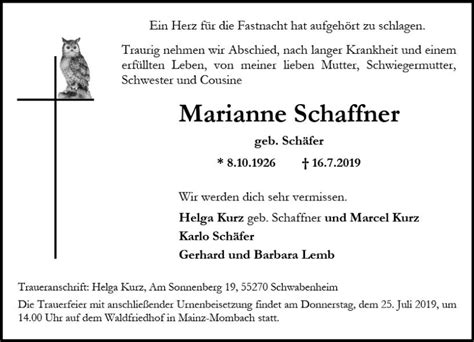 Traueranzeigen Von Marianne Schaffner Vrm Trauer De