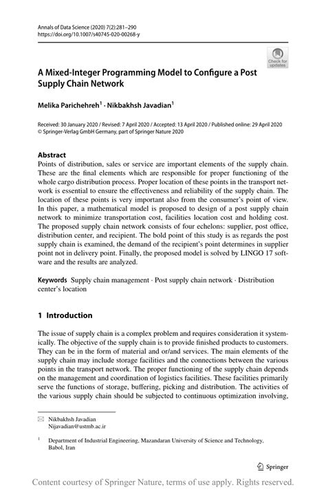 a mixed integer programming model to configure a post supply chain network request pdf