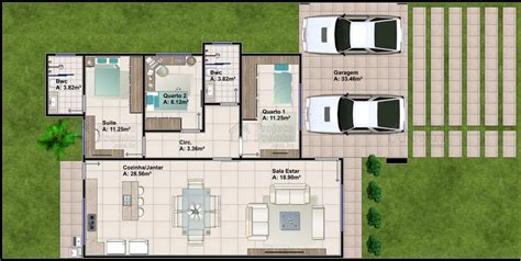 Planta de casa térrea 3 quartos Cód C017 Construindo Casas