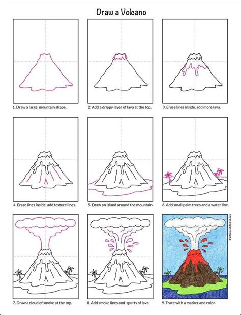 Easy How To Draw A Volcano Tutorial Video And Volcano Coloring Page