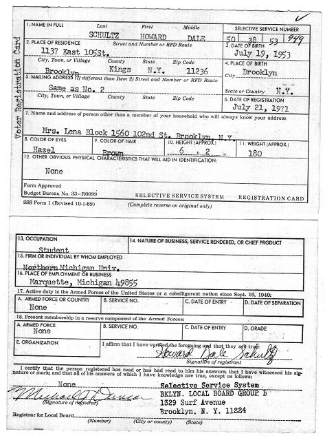 Howard Dale Schultz S Selective Service Draft Card And Selective
