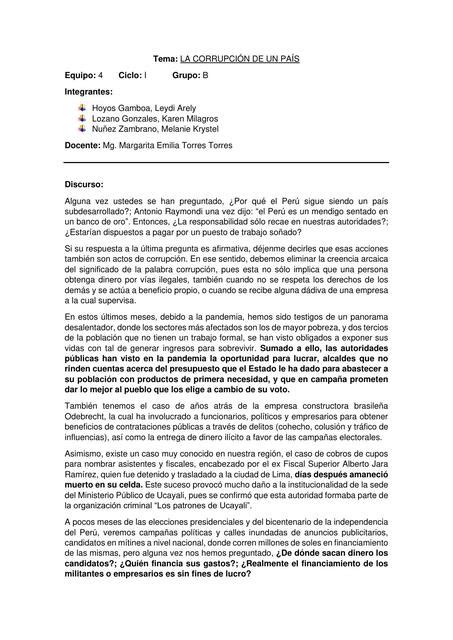 Discurso de Oratoria Sobre Corrupción Melanie KNZ uDocz