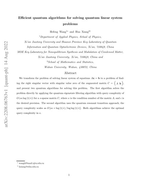 pdf efficient quantum algorithms for solving quantum linear system problems