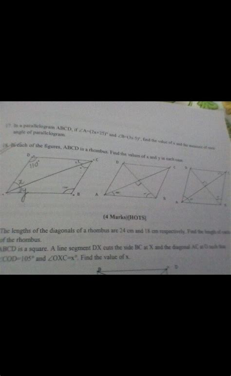 in each of the figure abcd is a rhombus find the values of x and y in each case maths