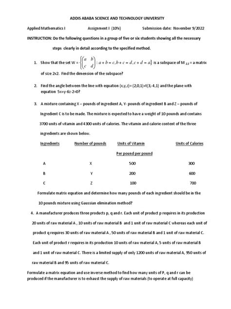 assignment i pdf linear subspace matrix mathematics
