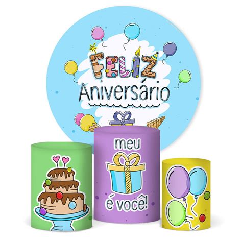 Kit Painel Redondo 3 Capas Cilindro Feliz Aniversário em Tecido