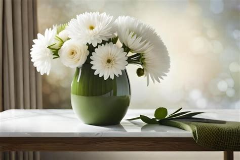 Premium Photo A Green Vase With White Daisies And Green Leaves