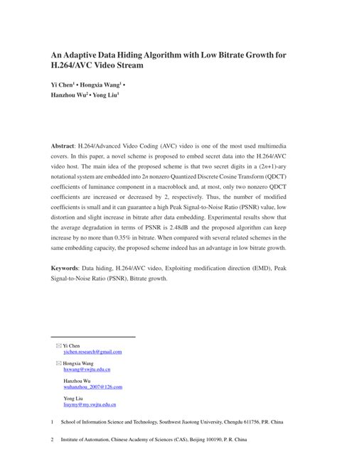 pdf an adaptive data hiding algorithm with low bitrate growth for h 264 avc video stream