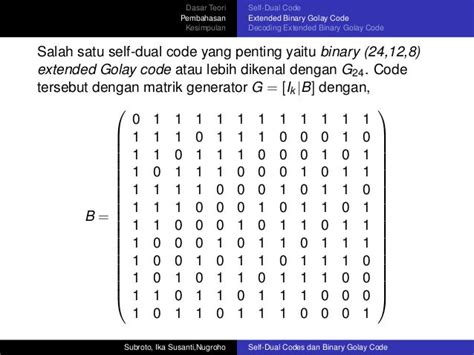 self dual codes and binary golay code presentation