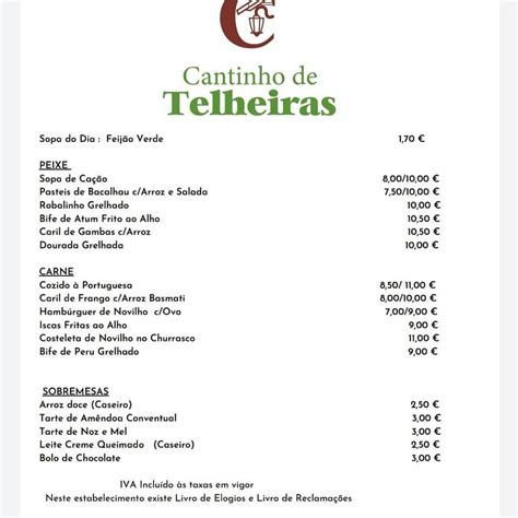 Menu Em Cantinho De Telheiras Restaurante Lisboa R Prof Barbosa