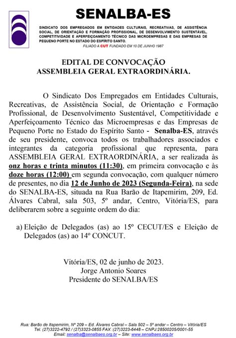 Edital De Convocação De Assembleia Geral Extraordinária Senalba ES