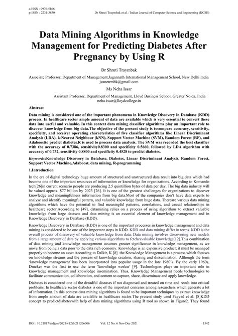pdf data mining algorithms in knowledge management for predicting diabetes after pregnancy by
