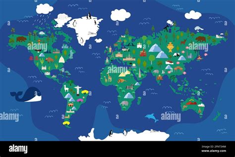 Carte lumineuse illustrée du monde avec des animaux de bande dessinée