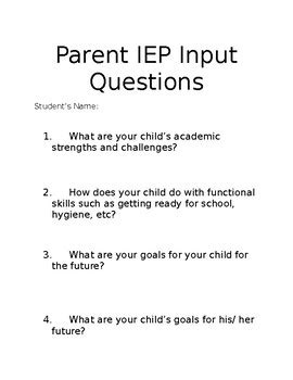 Parent Iep Input Questions By Jordyn Genevro Teachers Pay Teachers