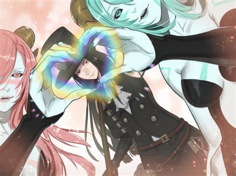 Safebooru 1other 2girls Androgynous Asymmetrical Gloves Bangs Bare Shoulders Belt Black Hair
