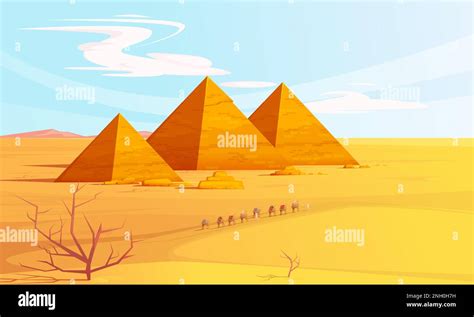 Desert Landscape With Egyptian Pyramids And Camels Caravan Cartoon