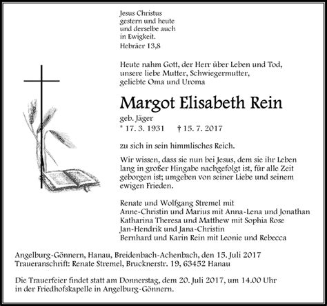 Traueranzeigen Von Margot Elisabeth Rein Vrm Trauer De