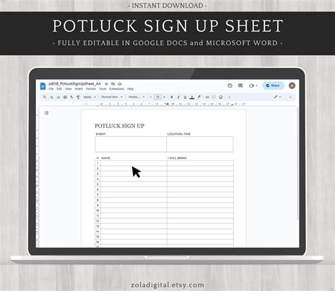 Potluck Sign Up Template Editable Printable And Fillable Sign Up