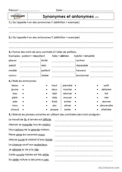 Synonymes et antonymes 3 Français FLE fiches pedagogiques pdf doc