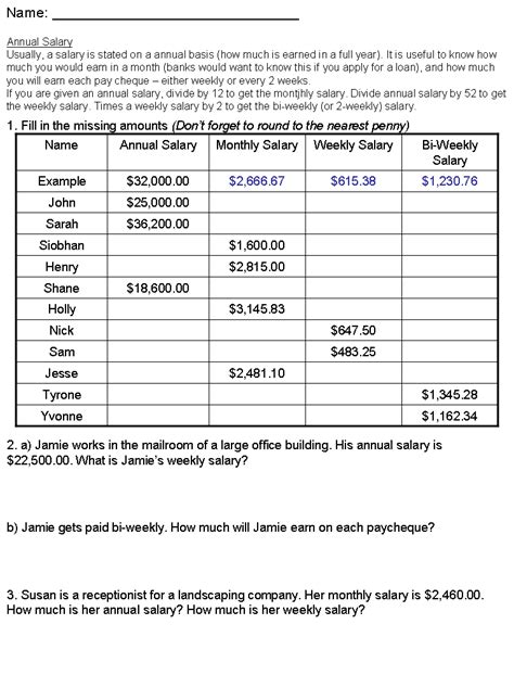 Wages And Salary Worksheet Easy