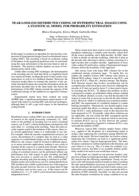 pdf near lossless distributed coding of hyperspectral images using a statistical model for