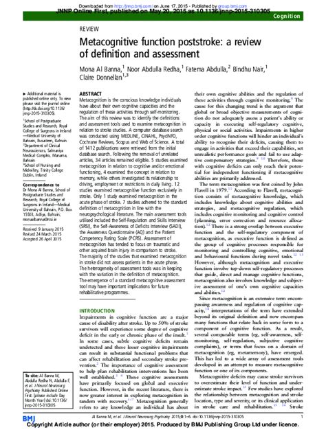 pdf metacognitive function poststroke a review of definition and assessment claire
