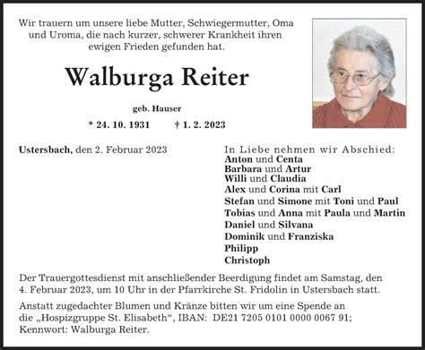 Traueranzeigen von Walburga Reiter Allgäuer Zeitung