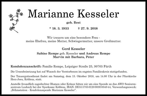 Traueranzeigen Von Marianne Kessler Rz Trauer De