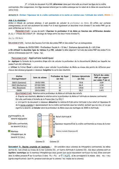 Calculer La Profondeur Du Moho Sous Une Chaine De Montagne Pdf Cours