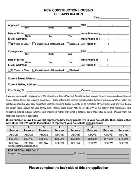 Fillable Online Nenedd NEW CONSTRUCTION HOUSING PRE APPLICATION Date