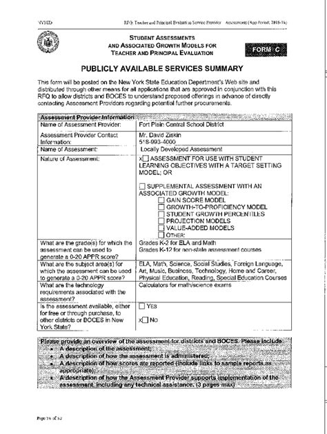 Fillable Online Fort Plain CSD Developed Course Specific Assessment