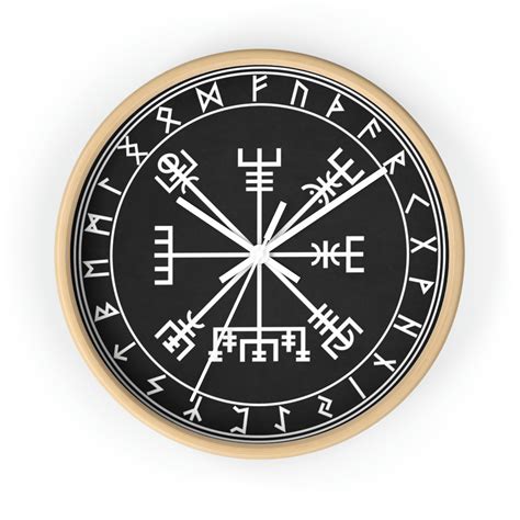Wall clock with Vegvísir Ásatrú rune symbols black Armonia Iceland