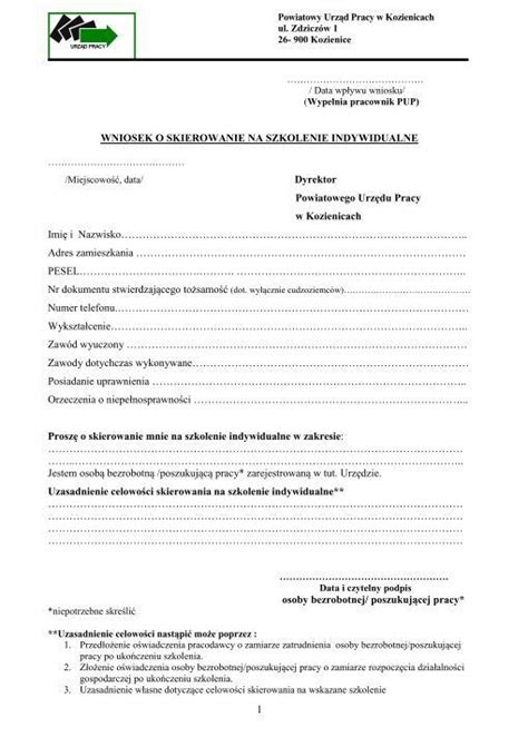 Wniosek O Skierowanie Na Szkolenie Indywidualne PUP Kozienice Pup
