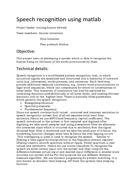 speech recognition using matlab objective pdf applied mathematics algorithms