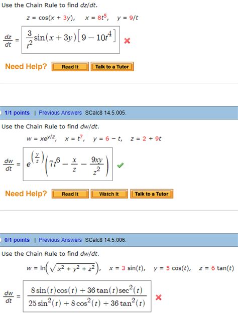 solved use the chain rule to find dz dt z cos x 3y