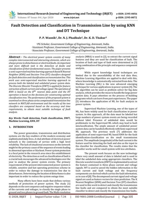 irjet fault detection and classification in transmission line by using knn and dt technique pdf