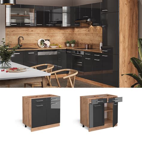 K Chenunterschrank R Line Anthrazit Hochglanz Goldkraft Eiche Cm