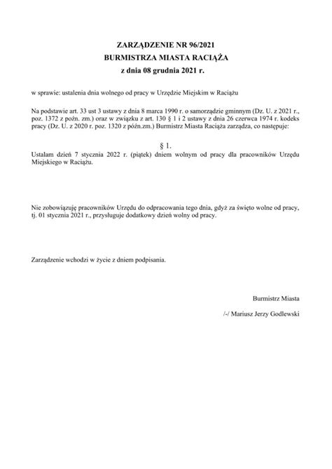 Zarządzenie Nr 96 2021 Burmistrza Miasta Raciąża z dnia 08 grudnia