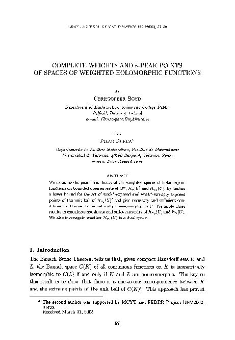 pdf complete weights andv peak points of spaces of weighted holomorphic functions pilar