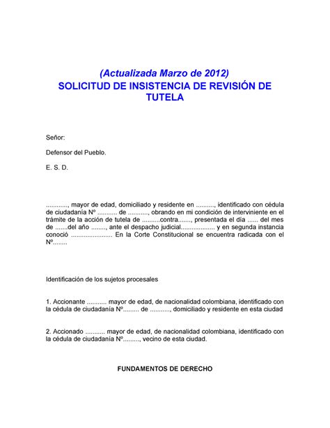 Solicitud De Insistencia De Revision De Tutela 2012 Actualizada