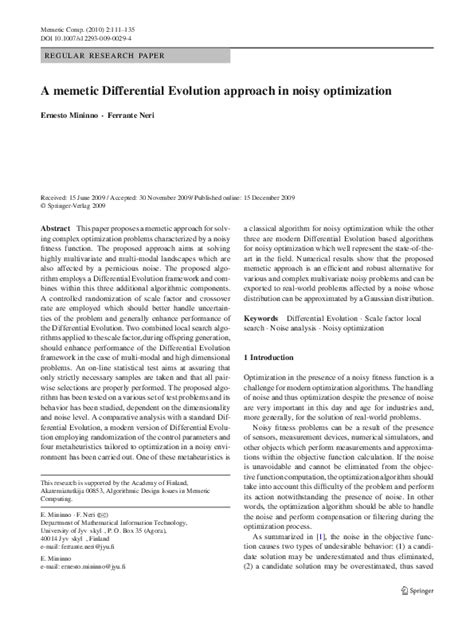 pdf a memetic differential evolution approach in noisy optimization ferrante neri
