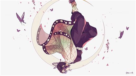 Demon Slayer Shinobu Kochou Upside Down In A Circle Like Moon With Background Of White And